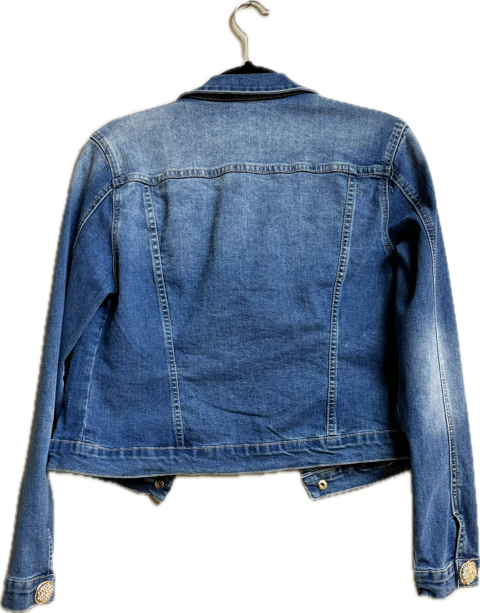 Orly Brand Woman's Stretch Denim Jean Jacket with Fancy Gold Button De