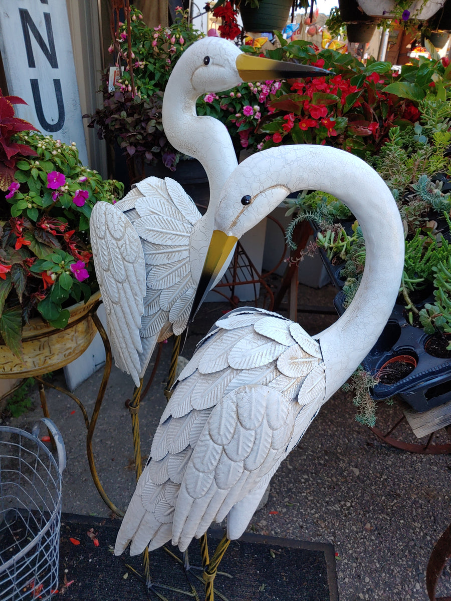 White Metal Crane Statues l Garden Art | Set of 2 Metal birds