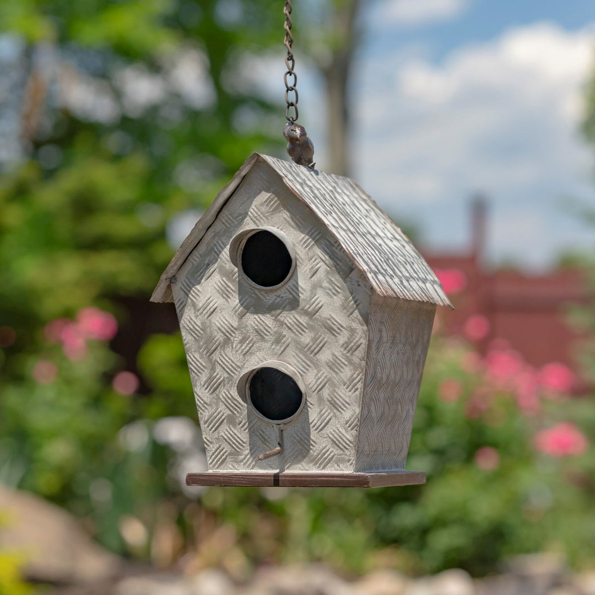 Galvanized Metal Birdhouse Bungalow with 2 openings Unique Bird House