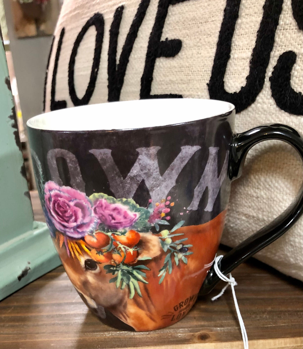 Farmhouse Country Style Large Coffee Mug with Cow and Floral Tiara